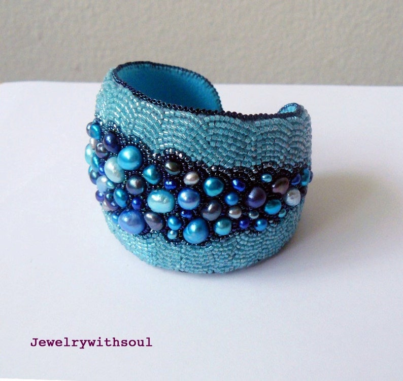 Bead Embroidery Cuff Bracelet Blue Freshwater Pearl Cuff - Etsy