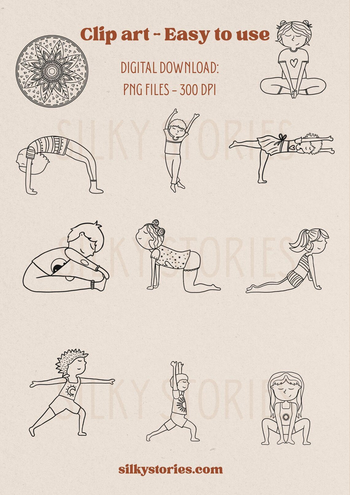 Kids Yoga Clip Art Bundle: Hand-drawn Poses, Coloring Pages (digital ...