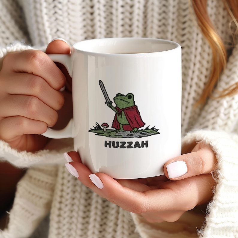 Huzzah Frog With Sword Mug, Medieval Frog Meme Coffee Mug, Whimsical ...