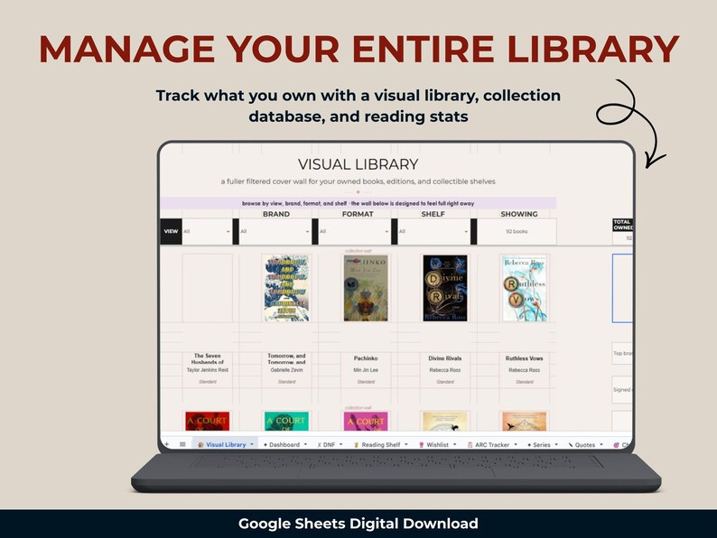 Visual Reading Tracker Spreadsheet, Book Collection Organizer (google ...