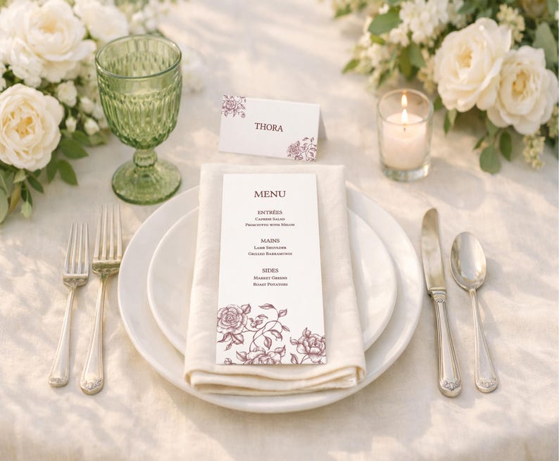 Wedding Menu Set - Pink Floral Place Cards & Menus - Editable Printable ...