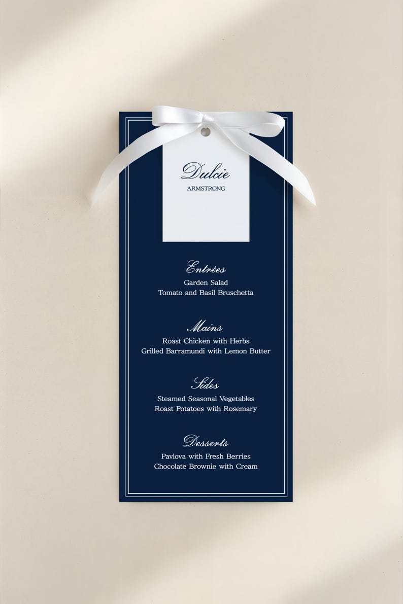 Navy Wedding Menu Place Cards, Elegant Stationery Template (digital ...