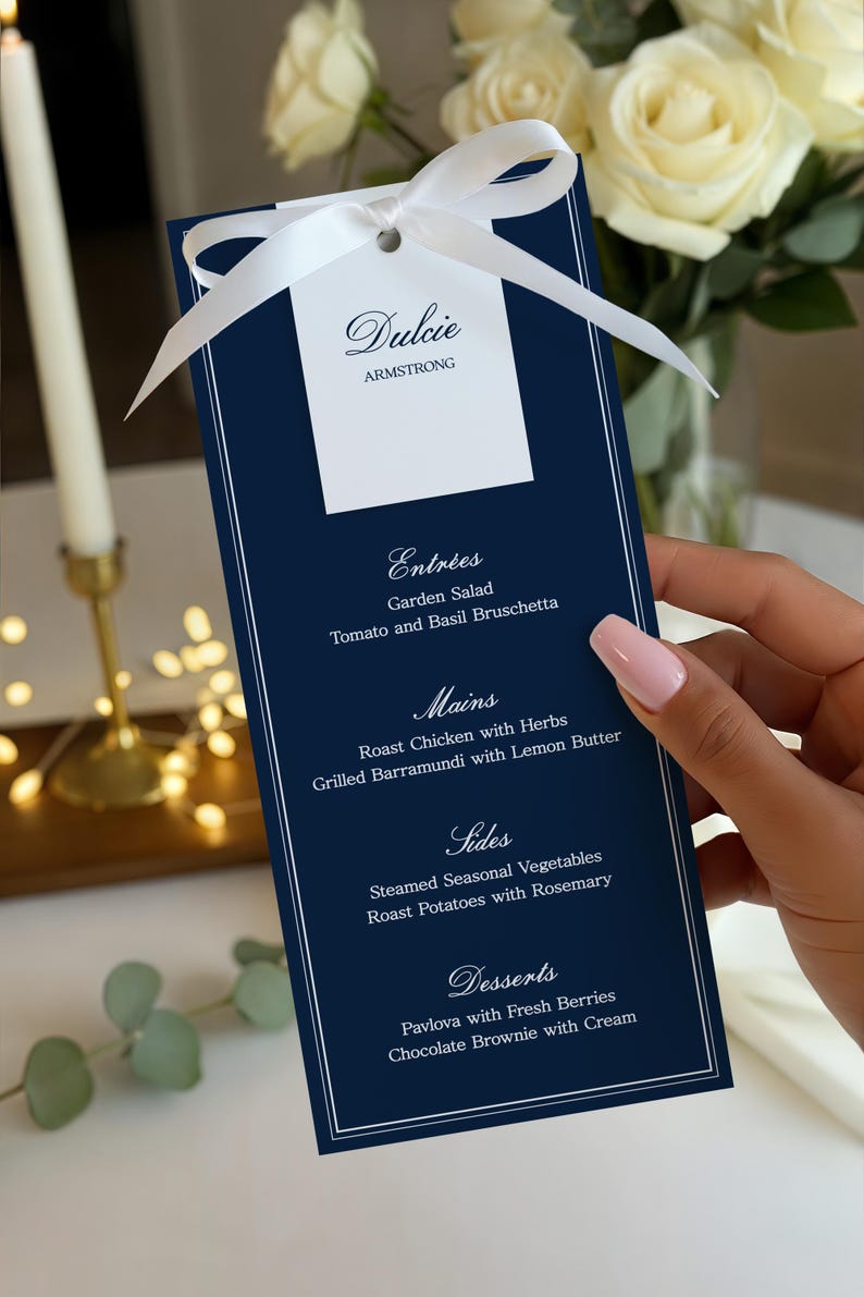 Navy Wedding Menu Place Cards, Elegant Stationery Template (digital ...