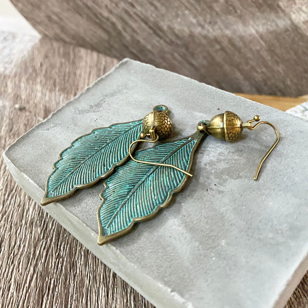 Green Leaf Earrings for Her - Blue Patina Earrings - Festival Earrings - Shabby Chic Jewelry ...