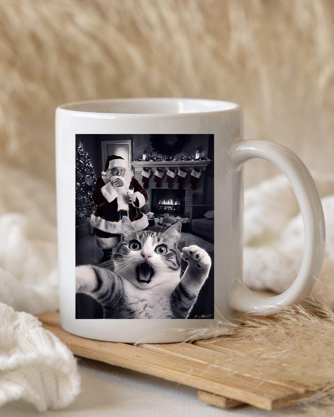 Funny Cat Selfie With Santa Mug, Black and White Christmas Coffee Cup ...