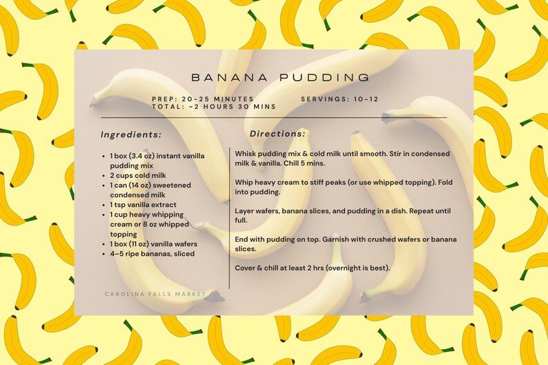 Banana Pudding Recipe Card: Printable Dessert Recipe (PDF Download ...