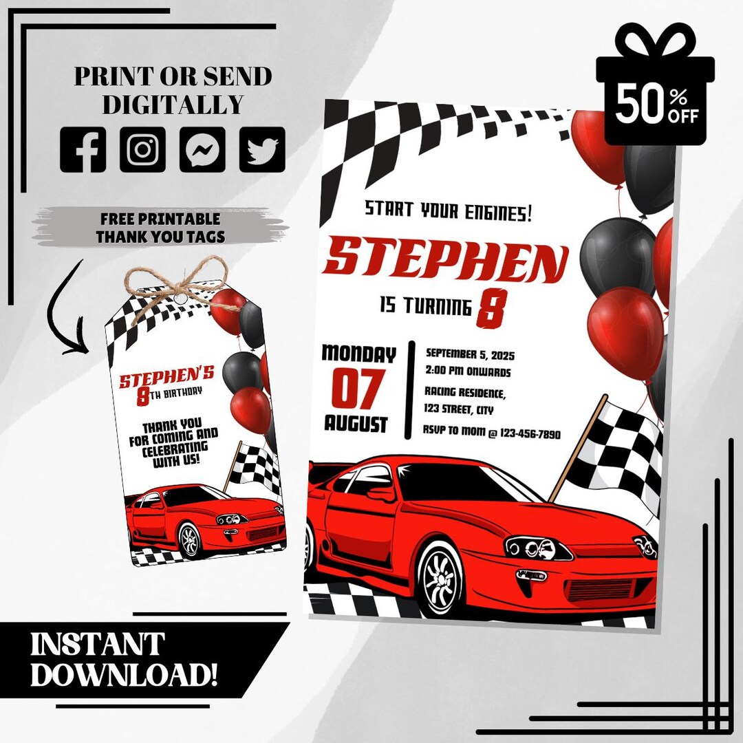 Editable Racing Invitation | Race Car Party Invite | Printable Template ...