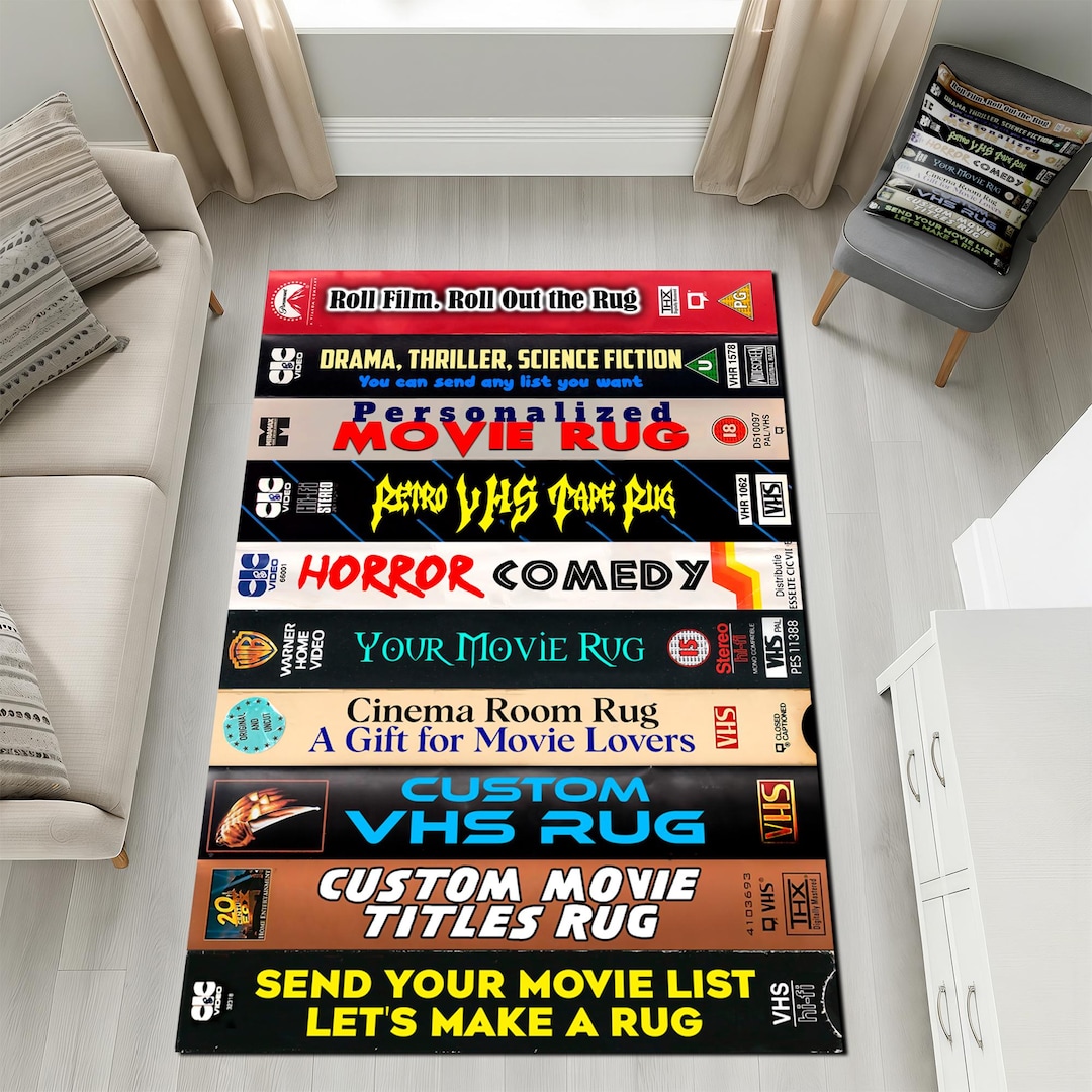 Custom VHS Cover Spine Rug, Custom Movie Titles Rug, Retro VHS Tape ...