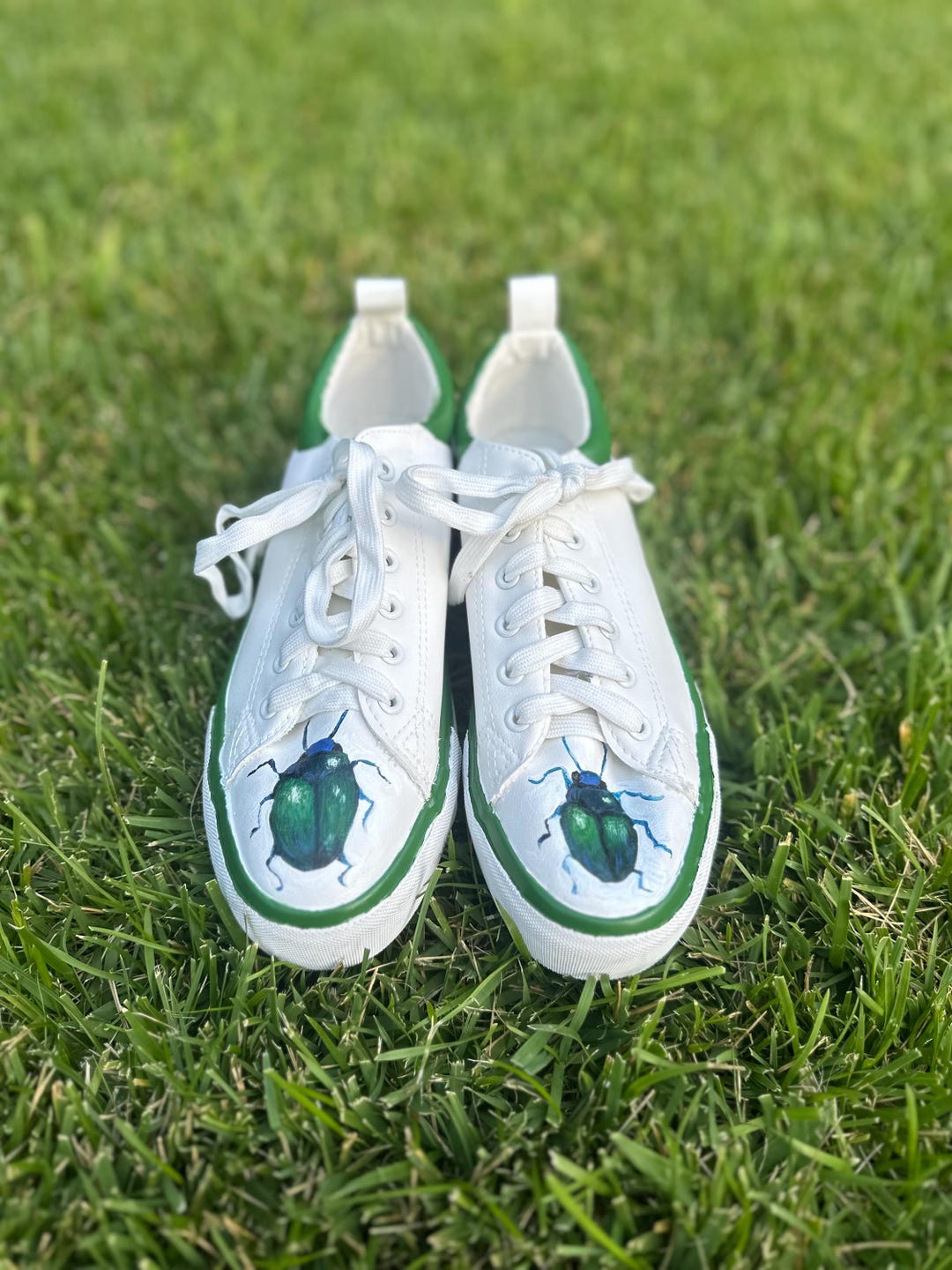 Custom Hand Painted White Beetle Shoes, Size 9 - Etsy