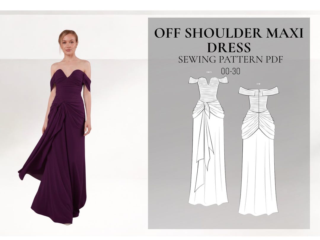 Off-shoulder Dress Sewing Pattern: Maxi Gathers, Slit (PDF Digital ...