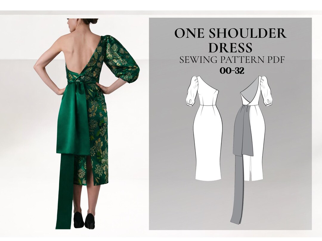 One Shoulder Dress Sewing Pattern: Asymmetric Gathers, Slit (PDF ...