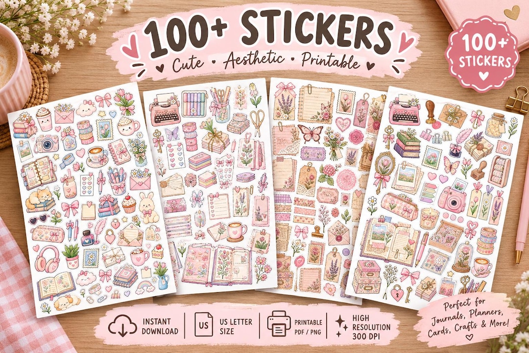 Printable Sticker Sheets, Cottagecore Journal Stickers Set, Planner ...