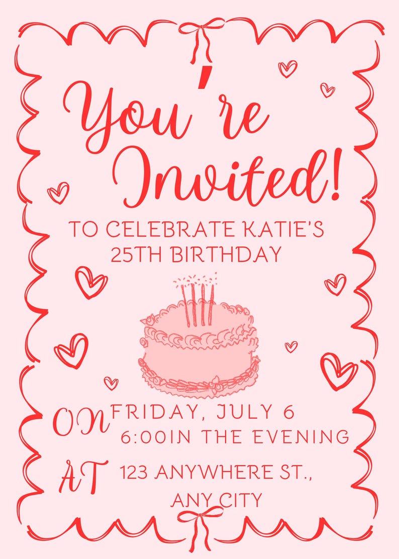 Editable Birthday Invitation Template | Pink Cake & Hearts Design ...