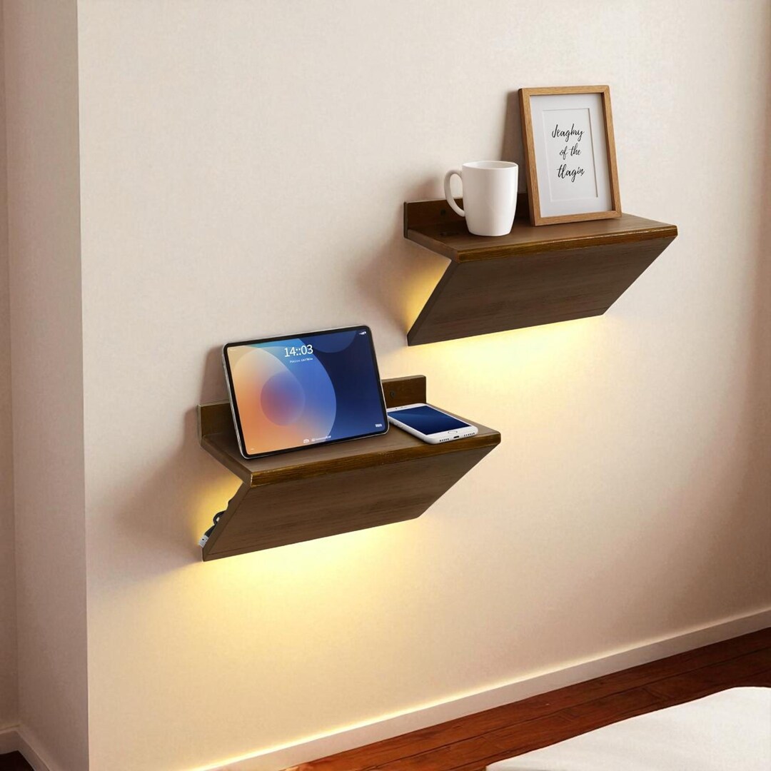 Walnut Floating Nightstand – Modern Z-shape Wood Wall Mounted Bedside ...
