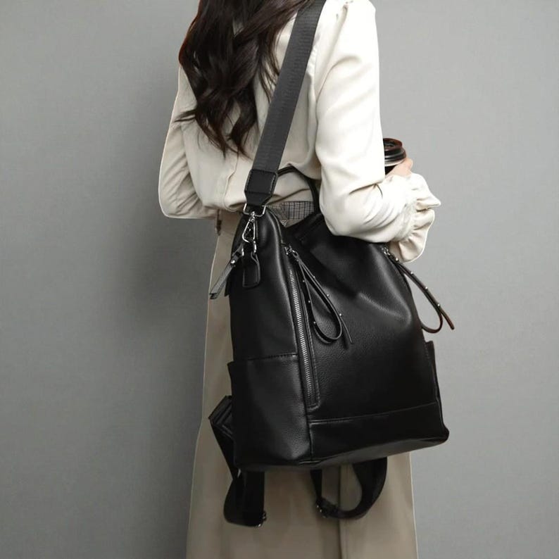 Study Bag Woman Leather Backpack, Large Capacity Dual-use Shoulder ...