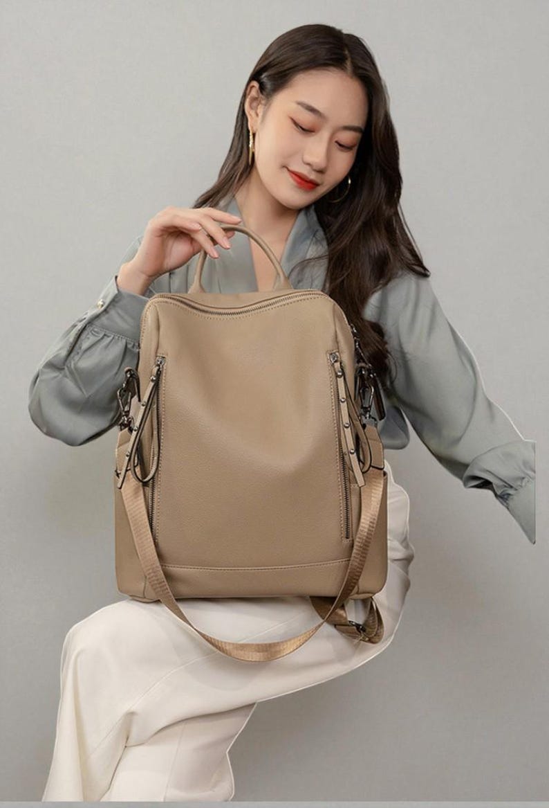 Study Bag Woman Leather Backpack, Large Capacity Dual-use Shoulder ...