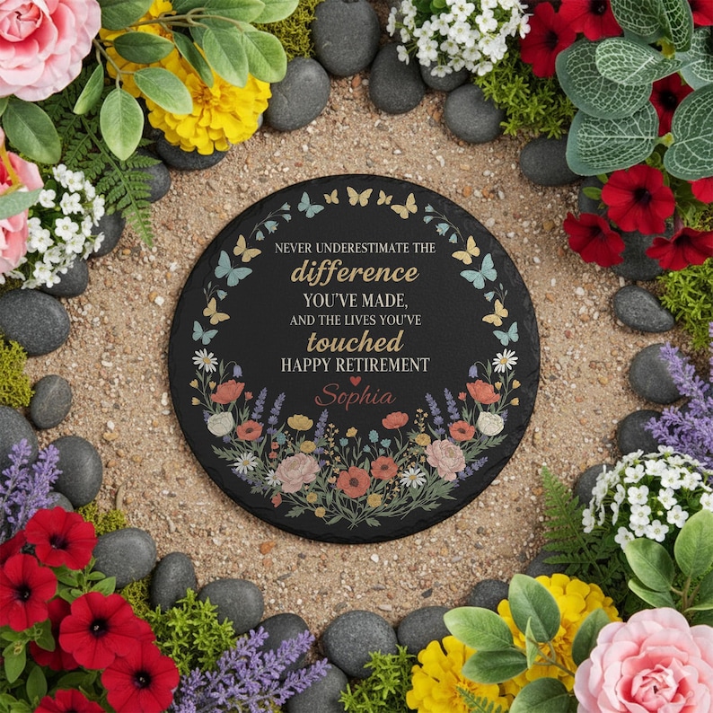 Personalized Slate Garden Stone: Custom Retirement Plaque Round Floral ...