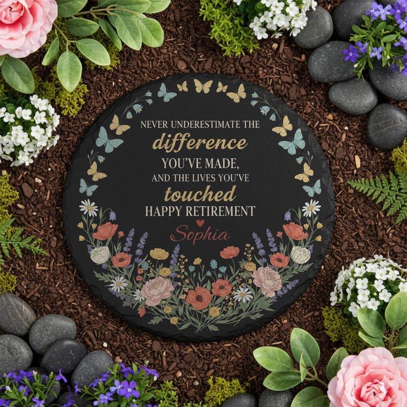 Personalized Slate Garden Stone: Custom Retirement Plaque Round Floral ...