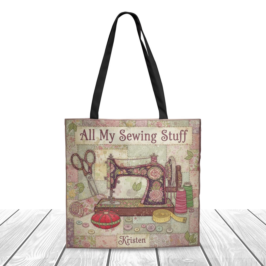 Personalized Tote Bag: Vintage Sewing Machine & Floral Patchwork Design ...