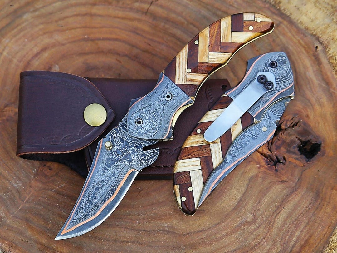 Personalized Copper Damascus Pocket Knife | Handmade Folding Knife ...