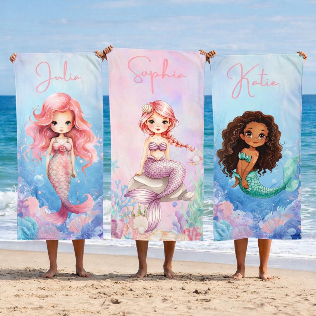 Personalized Sea World Cute Mermaid Beach Towel With Name, Beach ...