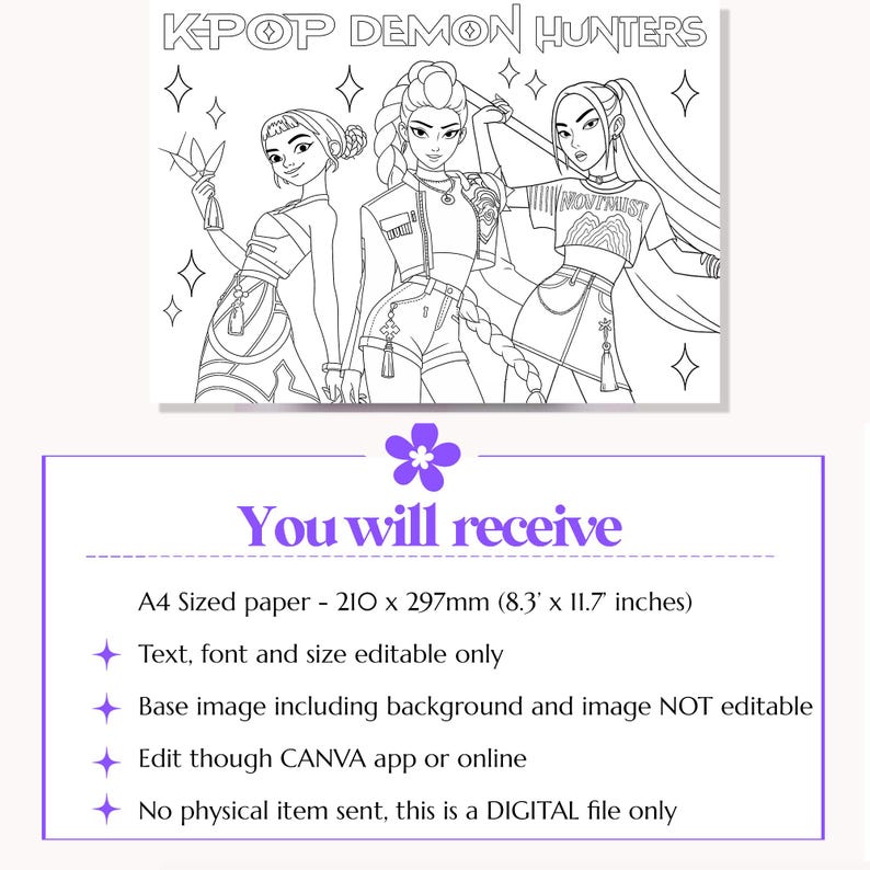 Editable Kpop Demon Hunter Coloring Sheet - Etsy