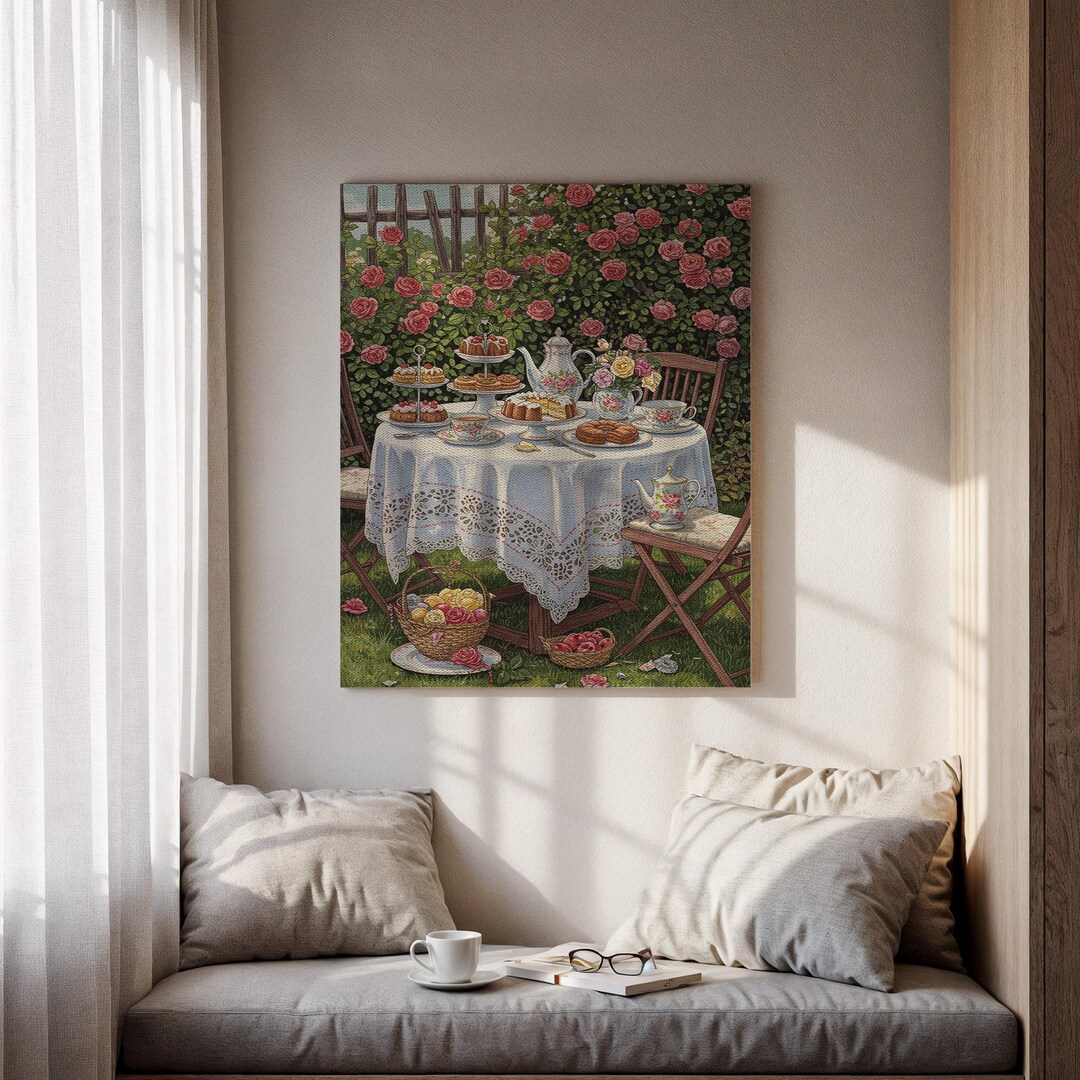 Vintage Garden Tea Party Framed Canvas, Nostalgic Picnic Wall Art Decor ...