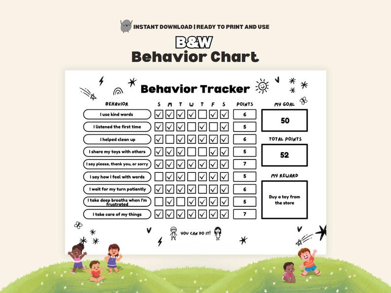 B&W Behavior Tracker Kids Printable Behavior Reward Chart Children ...