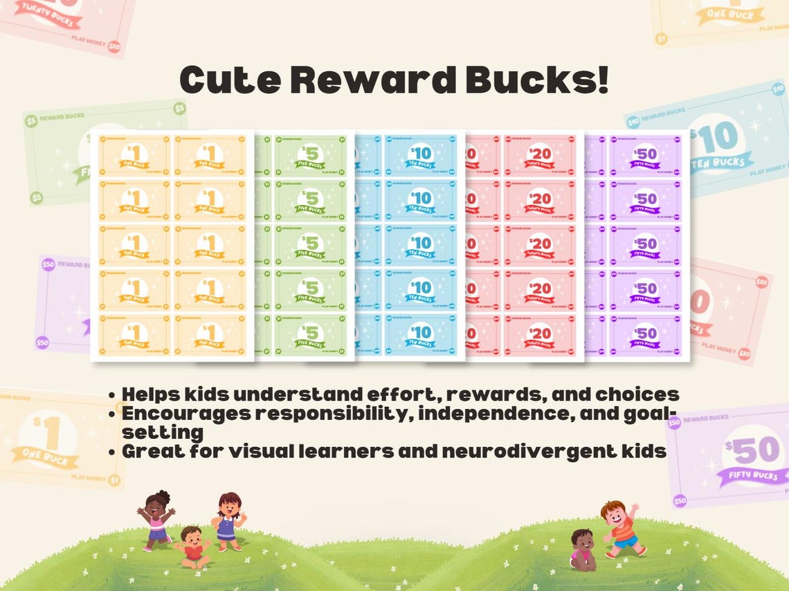 Editable Reward Bucks Kids Printable Play Money Reward Allowance Chore ...