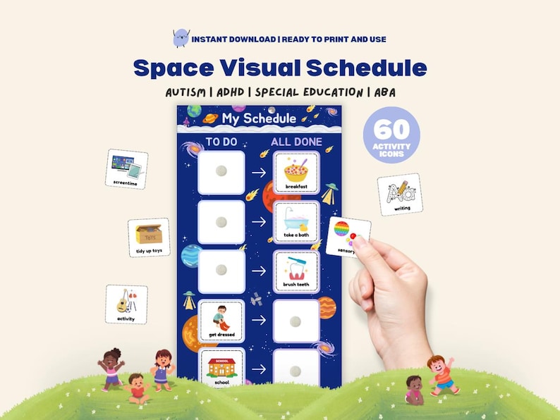 Space Visual Schedule With Activity Icons - 5 Routine Slots - Autism ...