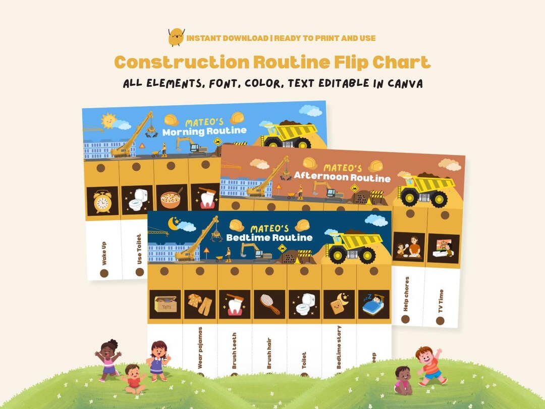 Construction Routine Chart Editable Flip Chart Toddler Morning Bedtime ...
