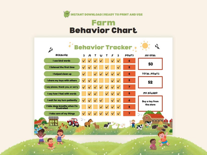 Farm Behavior Tracker Kids Printable Behavior Reward Chart Children ...