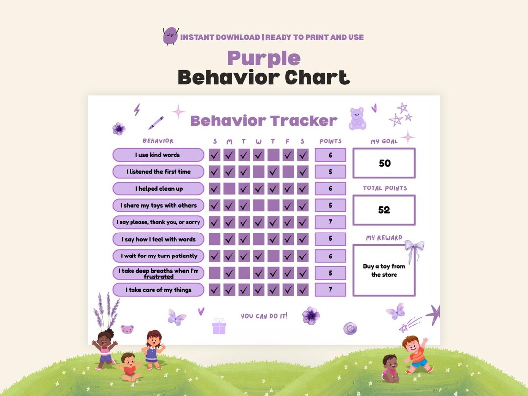 Purple Behavior Tracker Kids Printable Behavior Reward Chart Children ...