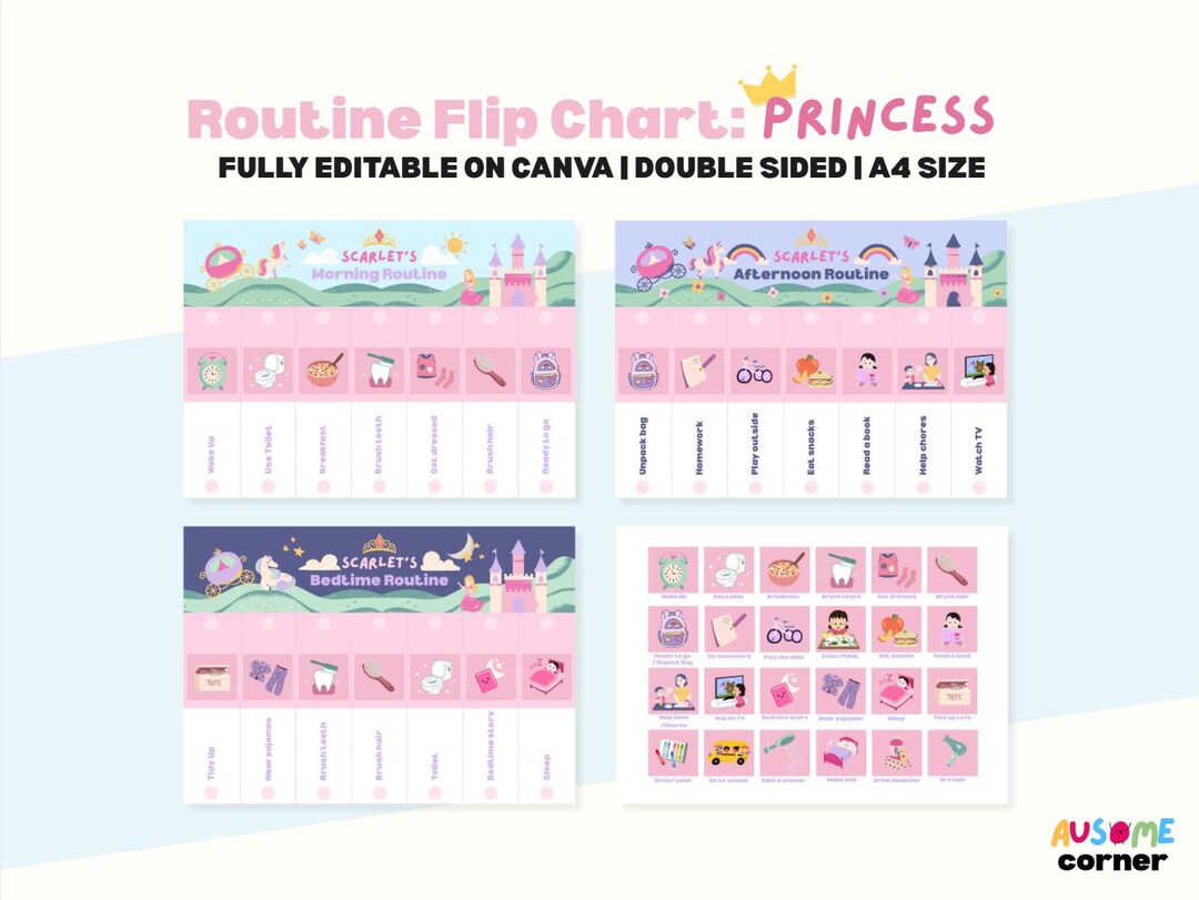 Princess Flip Routine Chart Editable Canva Visual Schedule for Kids ...