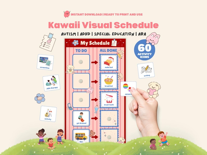 Kawaii Visual Schedule With Activity Icons - 5 Routine Slots - Autism ...