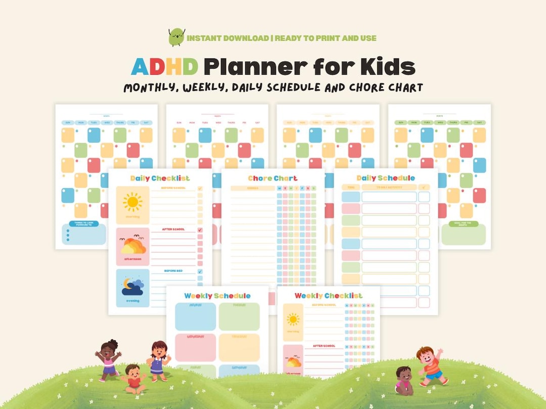 ADHD Kids Planner Monthly Calendar Weekly Schedule Daily Checklist ...