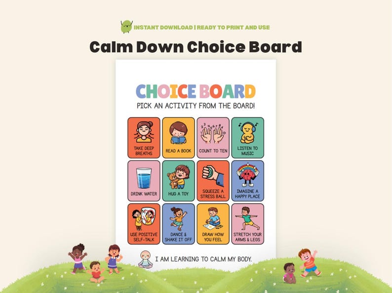 Calm Down Choice Board Kids Coping Skills Poster Calm Down Corner ...