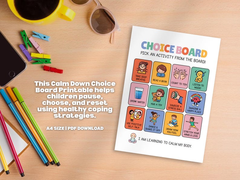 Calm Down Choice Board Kids Coping Skills Poster Calm Down Corner ...