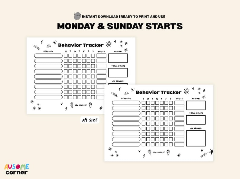 B&W Behavior Tracker Kids Printable Behavior Reward Chart Children ...
