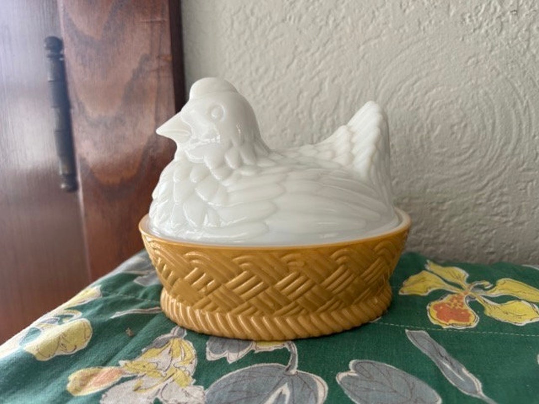 1970s White MILK GLASS Chicken Dish (hen on Nest by AVON) and Egg ...