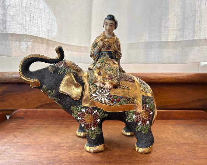 Elephant Satsuma Moriage Japanese Sculpture of Woman Riding. Black and ...