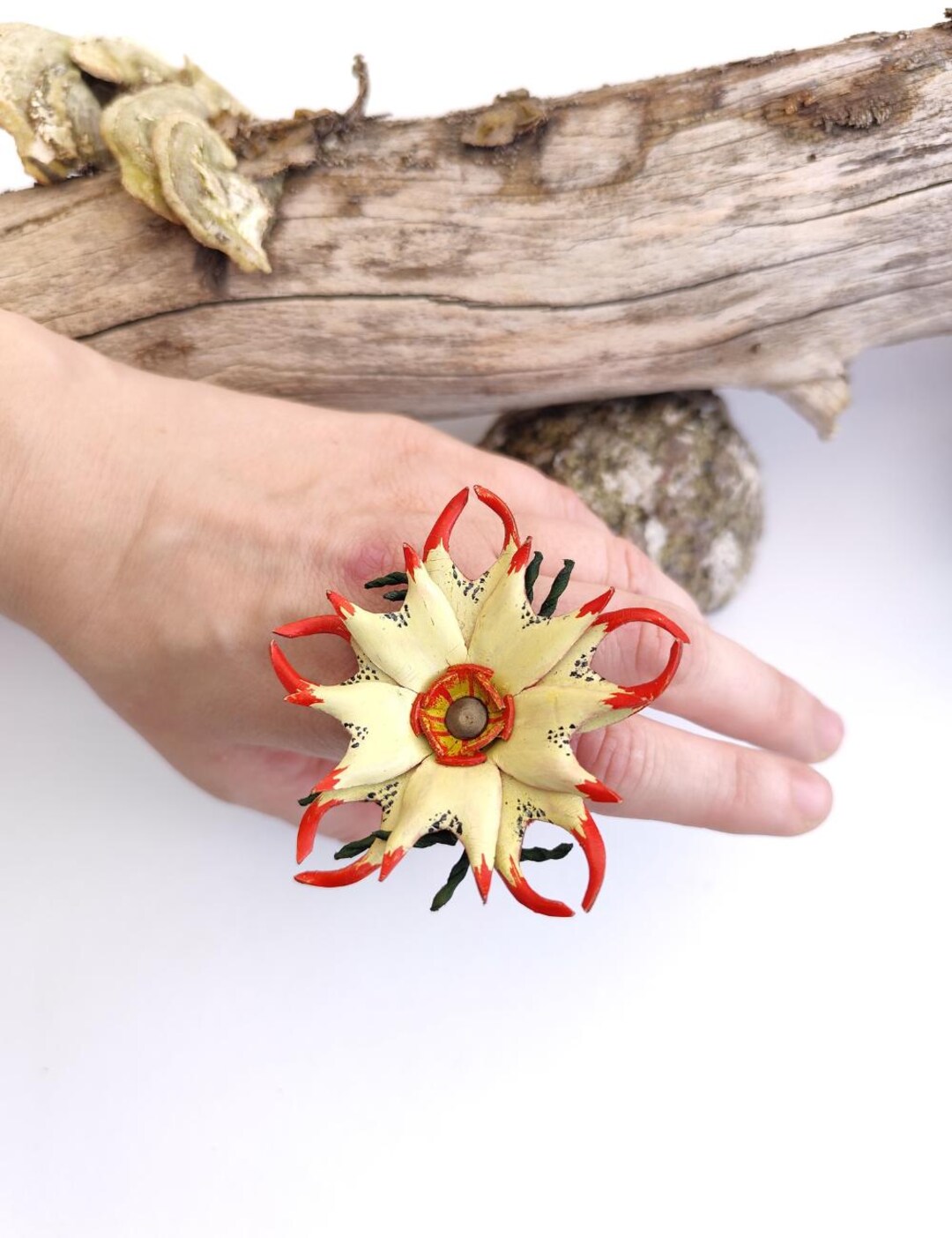 Leather Ring With Yellow and Red Flower: Handmade Nature-inspired ...
