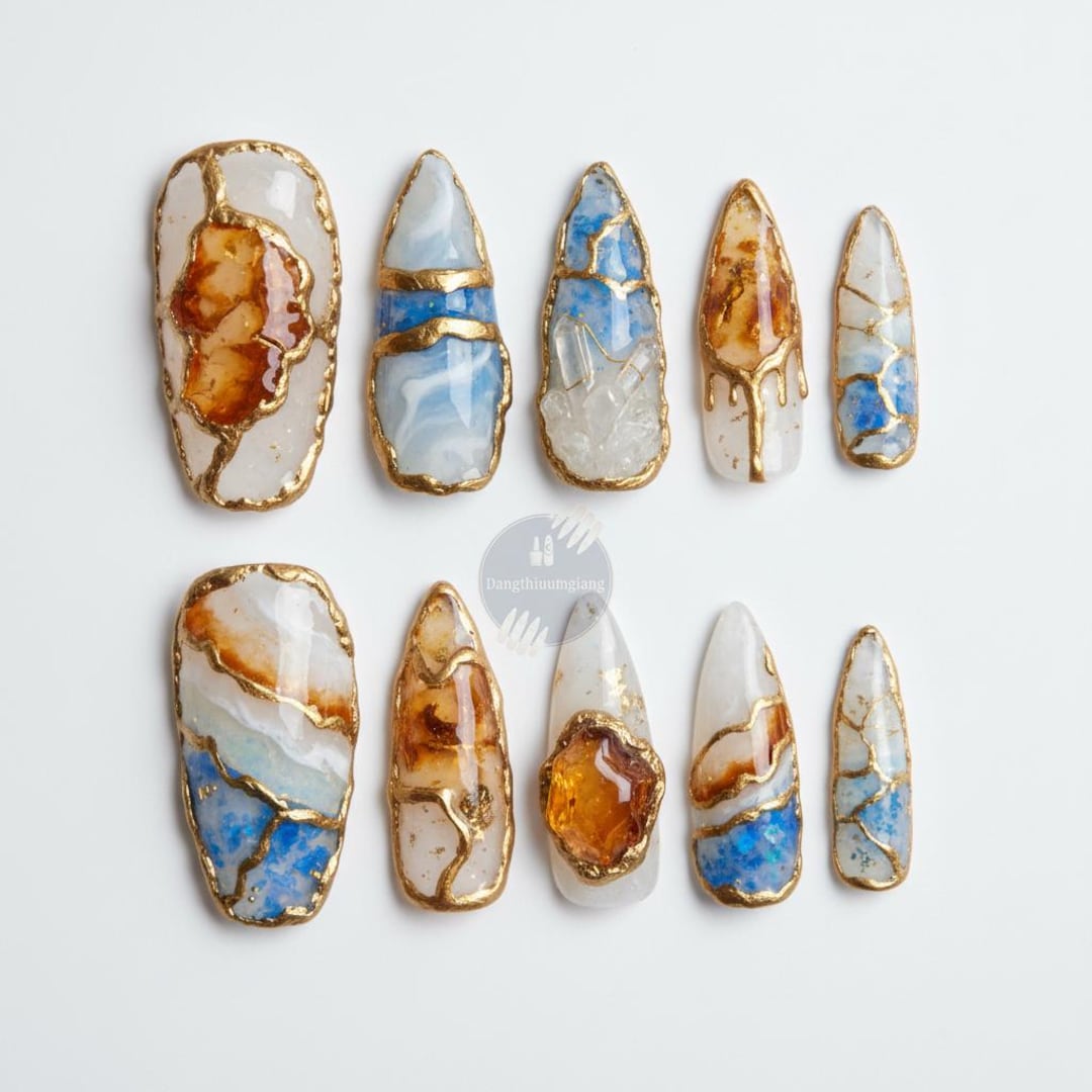 Galaxy Crystal Press on Nails | 3D Gemstone Rock Fake Nails | Gold ...
