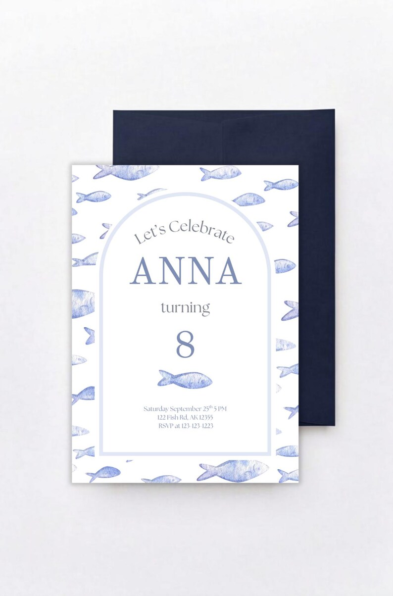 Editable Fish Birthday Invitation, Blue Watercolor Coastal Party Invite ...