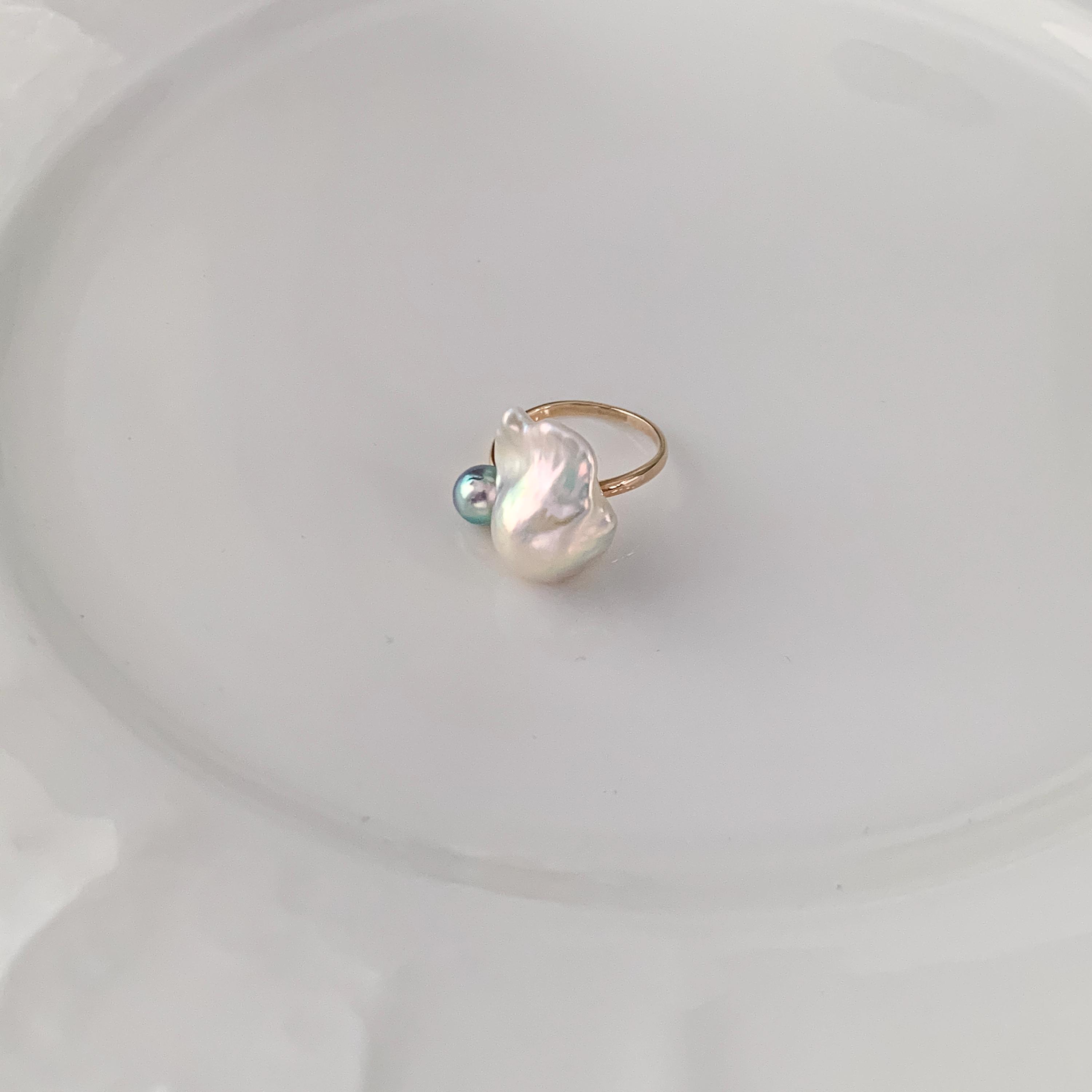 Aurora Baroque & Akoya Double Pearl Ring, Sterling Silver 14K Gold ...