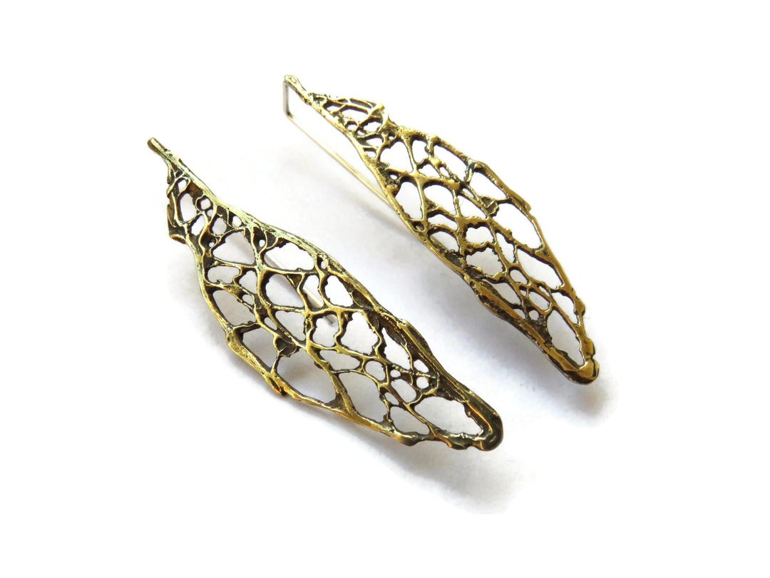 Botanical Bronze Dangle Earrings With Silver Hooks, Patinated Bronze ...