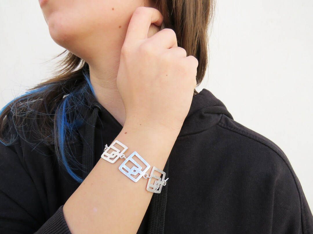 Modernist Matte Silver Bracelet, Modern Geometric Design Link Bracelet ...