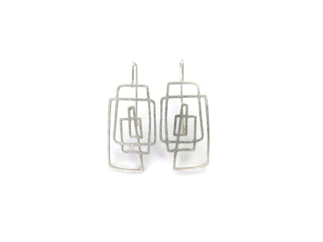 Geometric Lines Silver Dangle Earrings, Sculptural Unique Earrings ...