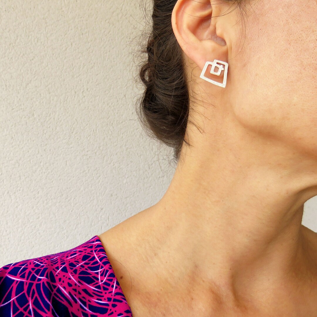 Contemporary Silver Stud Earrings, Abstract Line Drawing Earrings ...