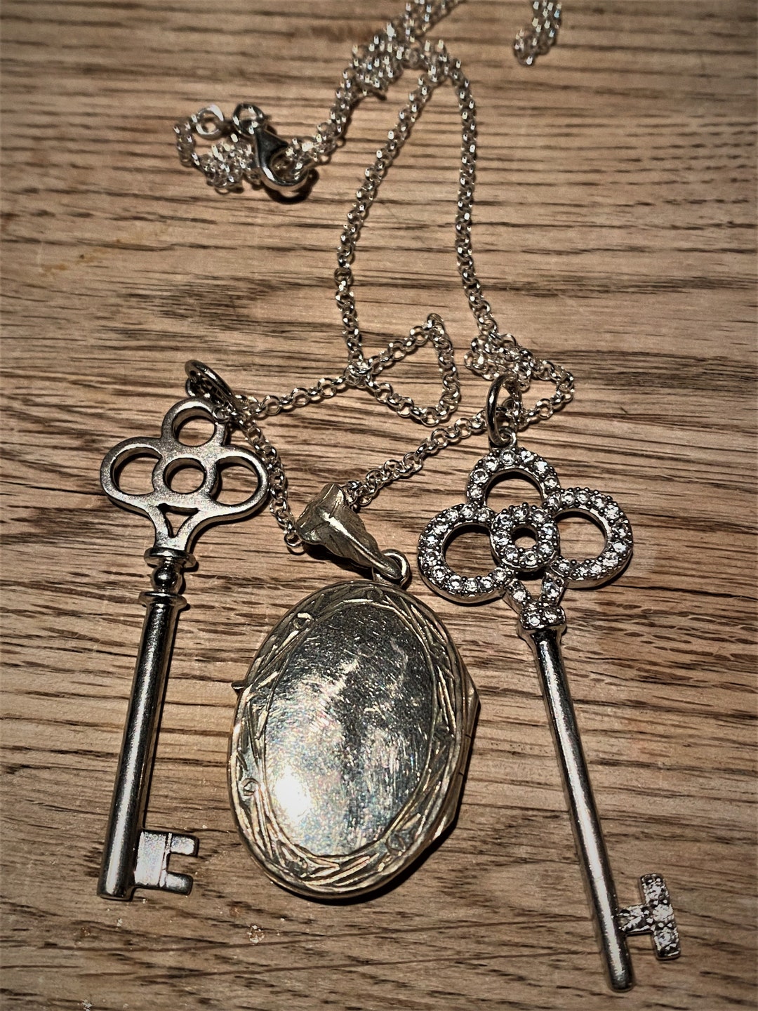 Two Skeleton KEYS & a Vintage Oval LOCKET Unique Design Sterling Silver ...
